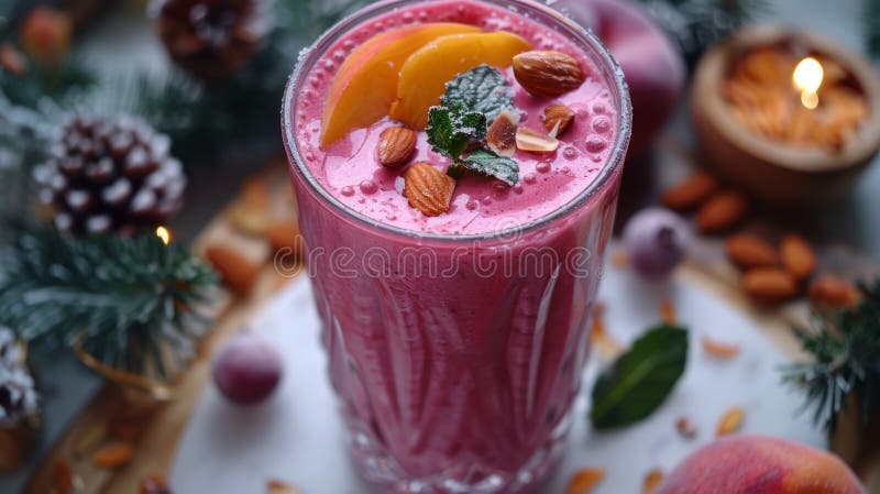 A Pink Smoothie with Almonds and Peach Slices Stock Photo - Image of ...