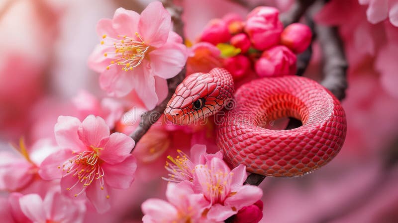 Pink Snake Coiled Amongst Delicate Cherry Blossoms Stock Illustration ...