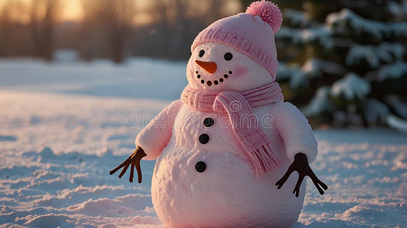 Pink Snowman Standing Outside on a Winters Day Stock Illustration ...