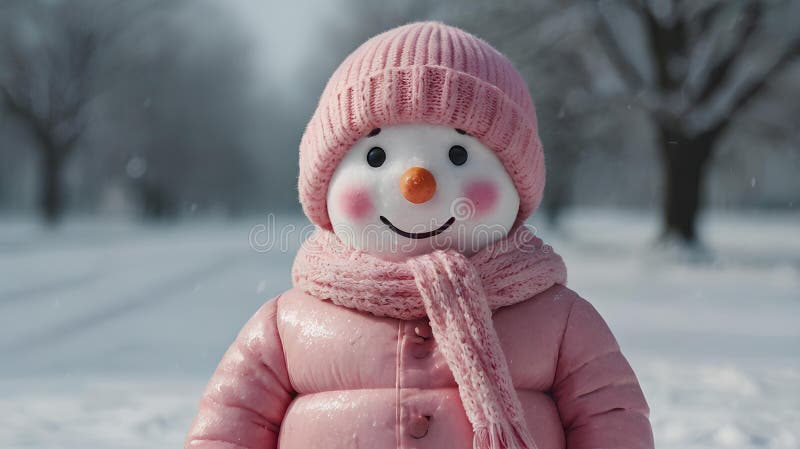 Pink Snowman Standing Outside on a Winters Day Stock Illustration ...
