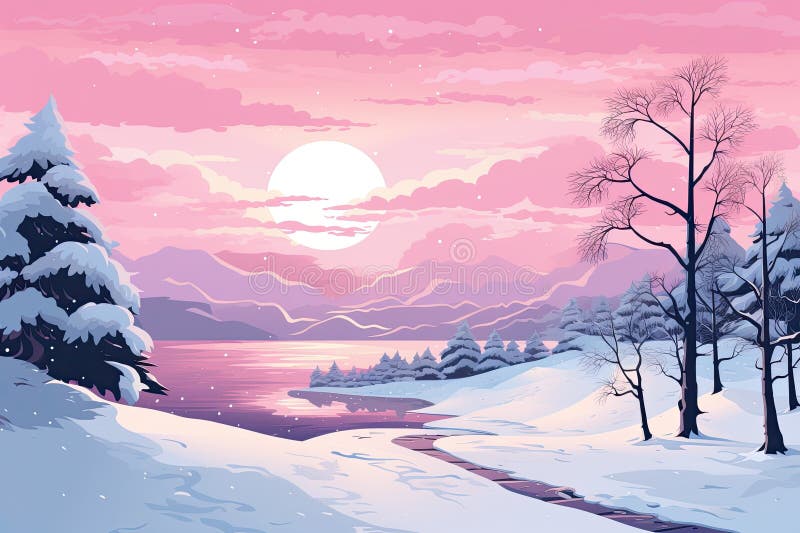 Pink Snowy Winter Landscape by Lake Stock Illustration - Illustration ...