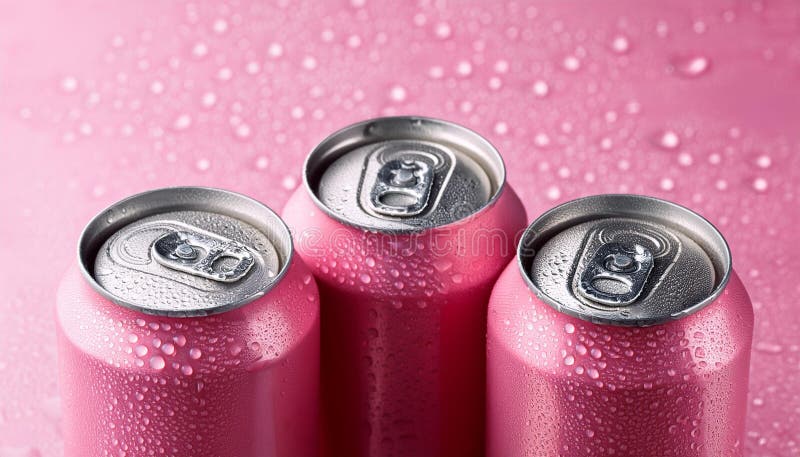 Pink Soda Cans in Water Drops, Top View Stock Illustration ...
