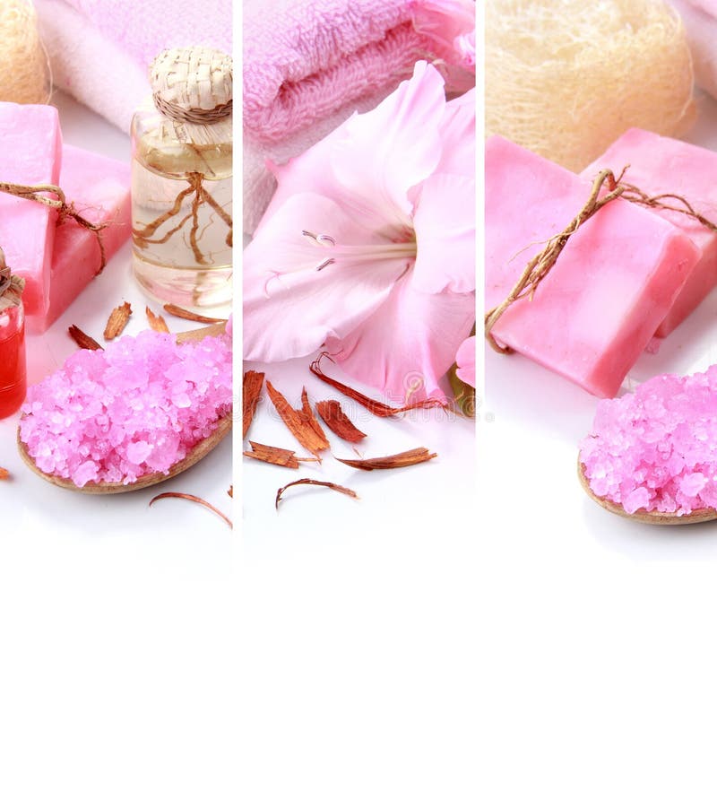 Pink Spa Concept Collage. Soap and Essensials Spa Objects Stock Photo ...