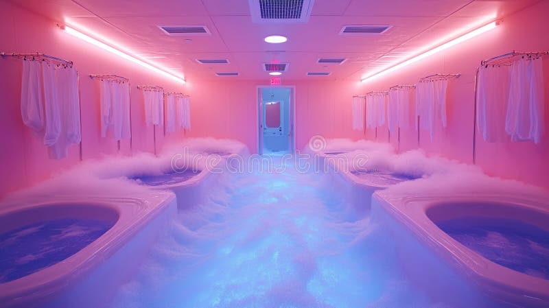 Pink Spa with Fog-filled Tubs Stock Photo - Image of clouds, baths ...
