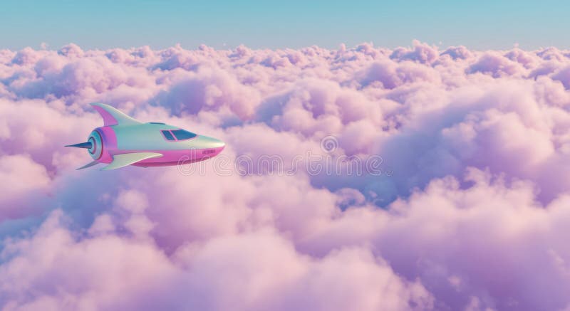 Pink Spaceship Soaring Above Pastel Cloudscape Stock Illustration ...