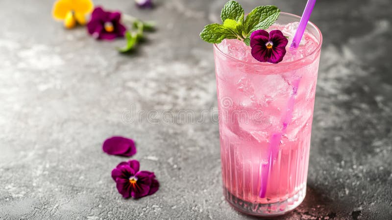 Pink Sparkling Cocktail with Pansy Garnish Stock Illustration ...