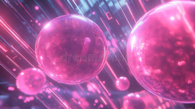 Pink Spheres Floating in a Neon Light Field Stock Illustration ...