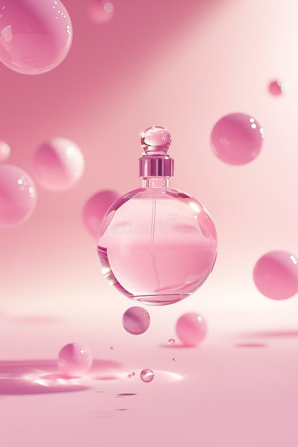 Pink Spherical Perfume Bottle Surrounded by Floating Bubbles on Pink ...