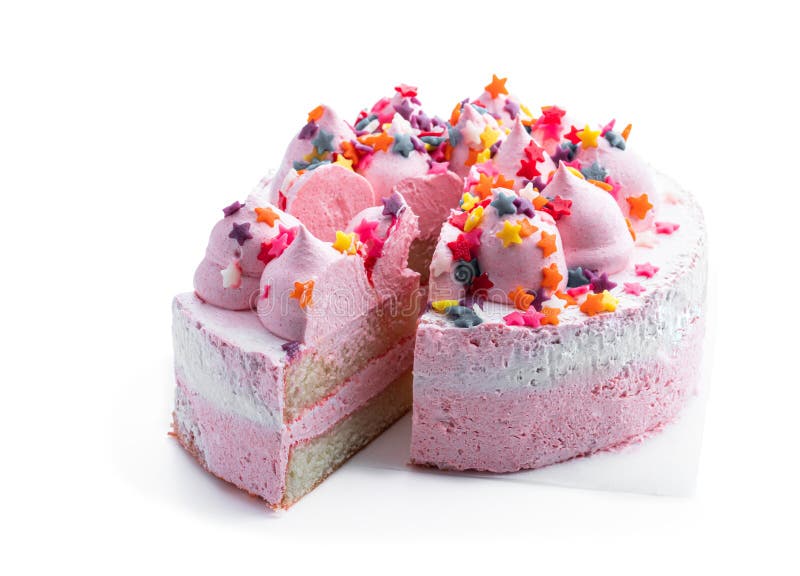 Pink Sponge Cake Decorated with Small Meringue on Top Isolated on White ...