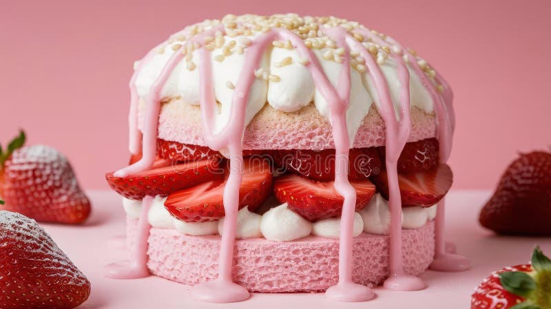 Pink Sponge Cake with Strawberries and White Frosting on Pink Surface ...