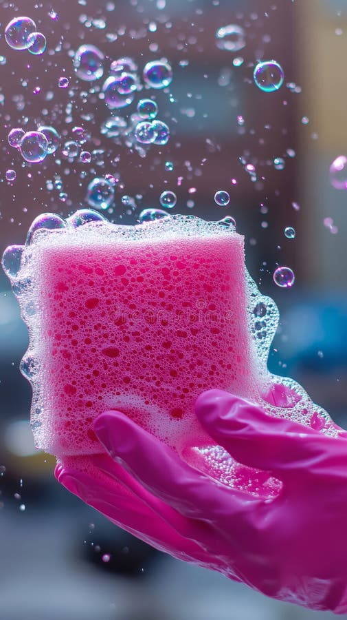 Pink Sponge with Soap Bubbles in Pink Glove, Cleaning Concept Stock ...