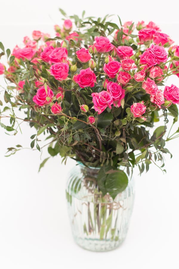 Pink Spray Roses Bouquet in Glass Vase Stock Photo - Image of romance ...