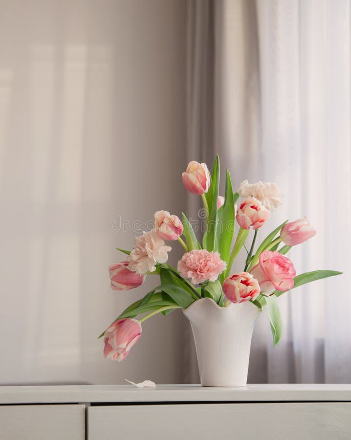 Pink Spring Flowers in White Ceramic Vase in Modern Home Interior Stock ...