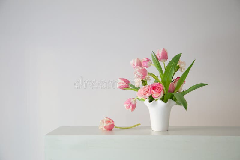 Pink Spring Flowers in White Ceramic Vase in Modern Home Interior Stock ...