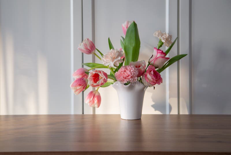 Pink Spring Flowers in White Ceramic Vase in Modern Home Interior Stock ...