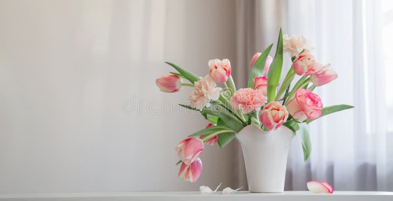 Pink Spring Flowers in White Ceramic Vase in Modern Home Interior Stock ...