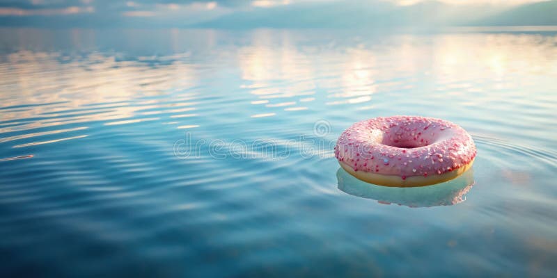 Pink Sprinkle Donut Shaped Float Bobbing Gently on Calm Water at Sunset. Generative AI Stock ...