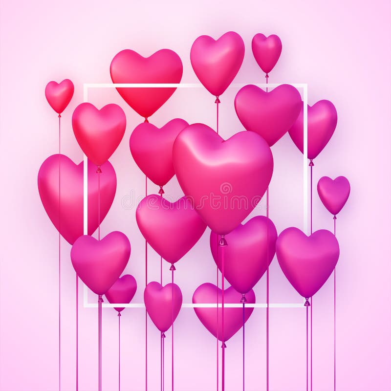 Pink Square Background with Realistic 3d Heart Balloons Stock Vector ...