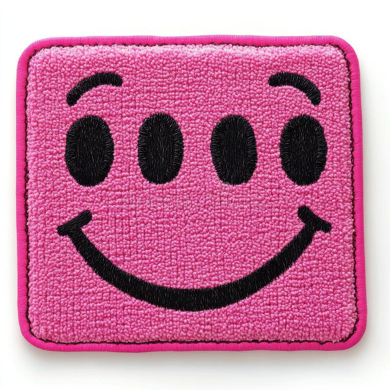 Pink Square Textile Patch with Embroidered Smiley Face Stock Illustration - Illustration of ...