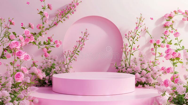 A Pink Stage with Flowers and a White Pedestal Stock Image - Image of ...