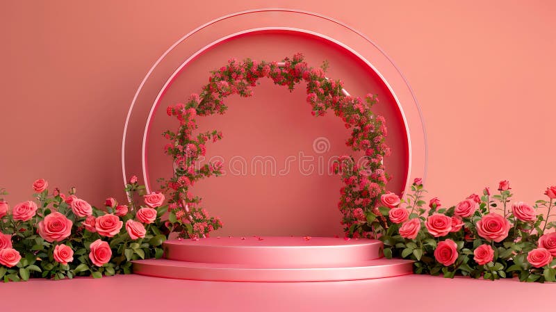 A Pink Stage with Roses and Greenery Stock Photo - Image of flower ...