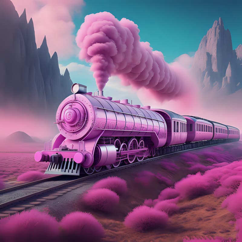 Pink Steam Train in the Mountains - Generated by Ai Stock Illustration ...