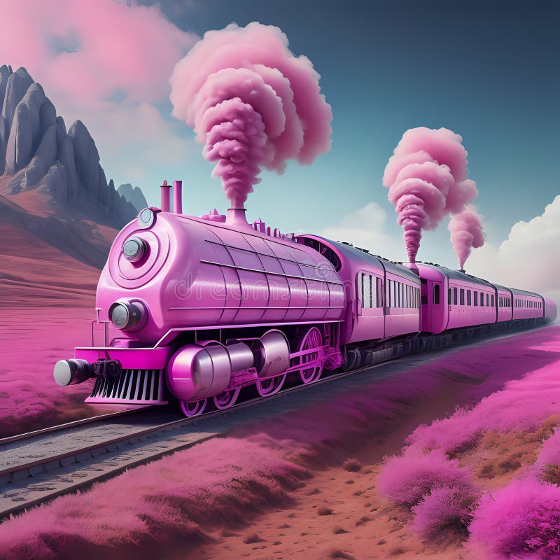 Pink Steam Train in the Mountains - Generated by Ai Stock Illustration ...