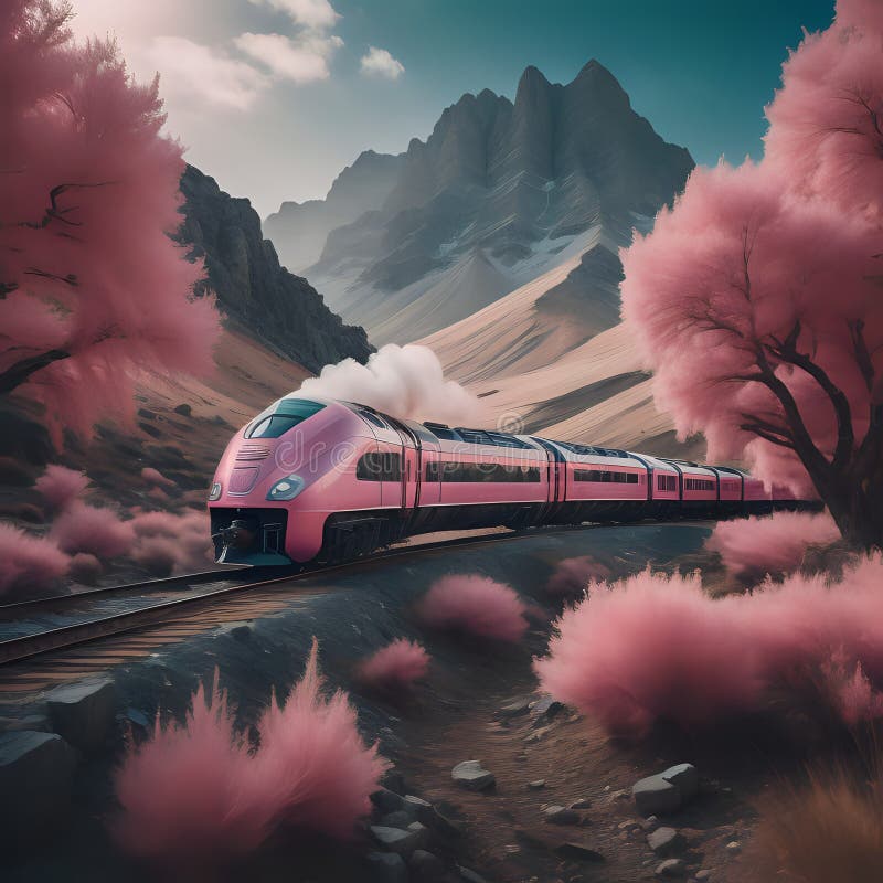 Pink Steam Train in the Mountains - Generated by Ai Stock Illustration ...