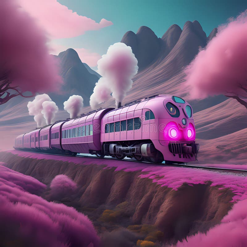 Pink Steam Train in the Mountains - Generated by Ai Stock Illustration ...
