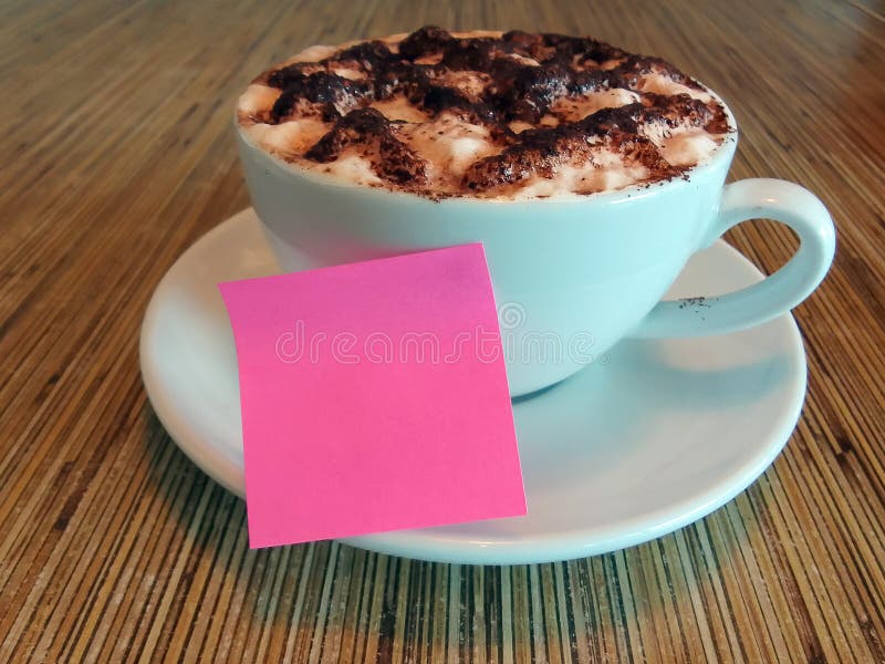 Pink Note on Coffee Cup. Copy Space. for Text or Messages Purpose ...