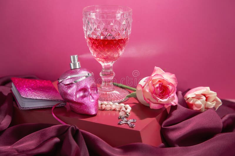 Pink Still Life with Perfume Bottle in Form Scull and Glass of Wine ...