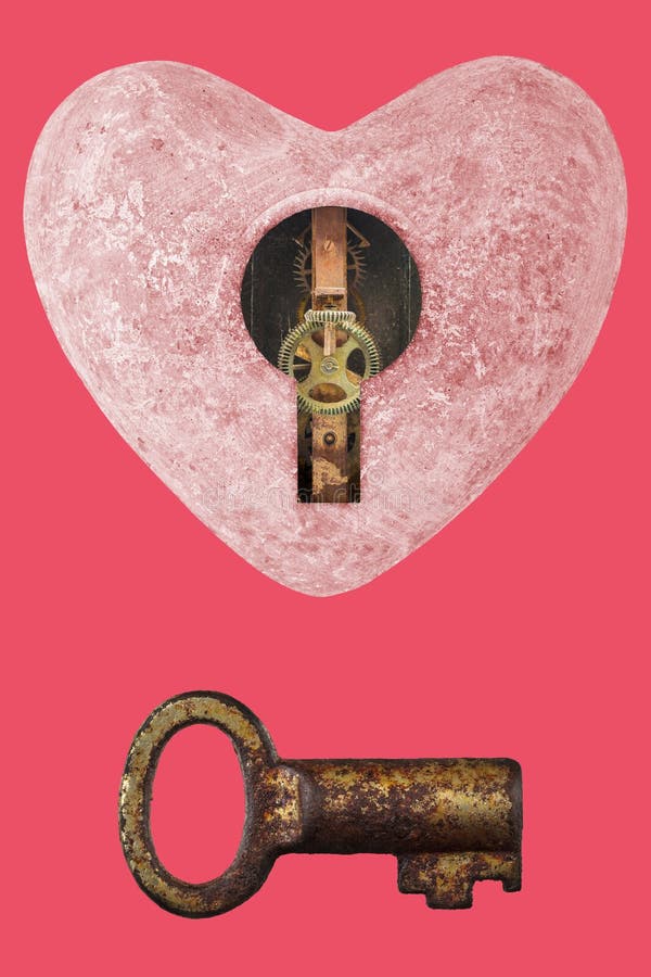 Pink Stone Heart with Keyhole and Old Key Stock Image - Image of ...