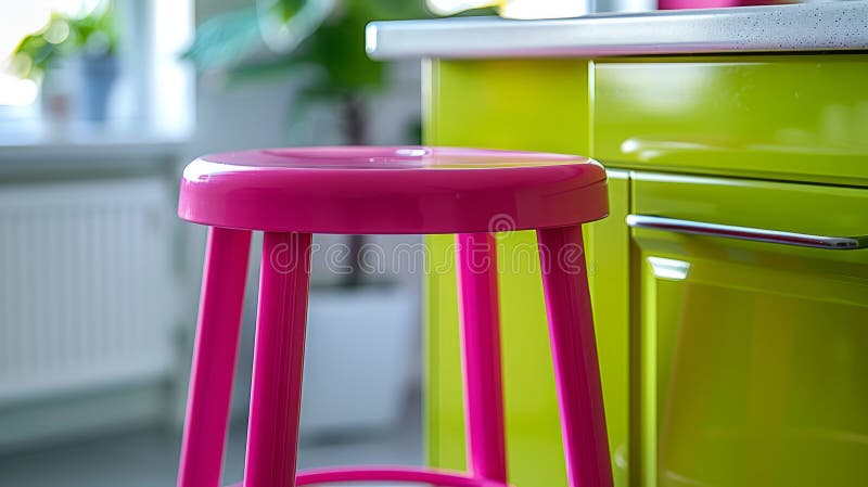 Pink Stool and Vibrant Green Cabinets in a Modern Kitchen. Stock Photo ...
