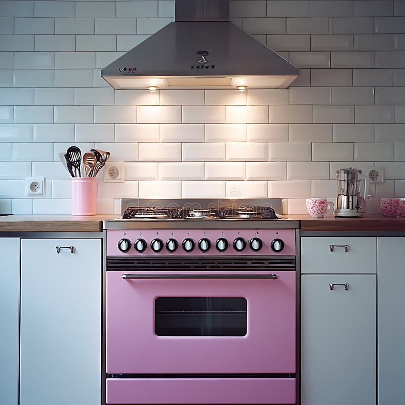 Pink Stove in Modern Kitchen with White Subway Tile Backsplash Stock ...