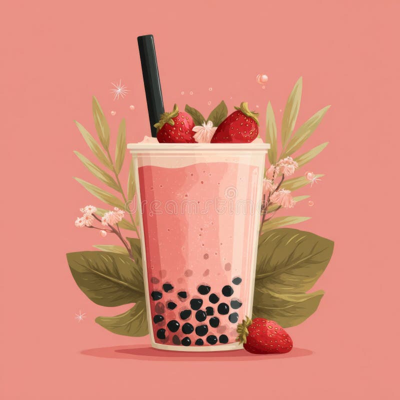 Pink Strawberry Bubble Tea with Floral Illustration Stock Illustration - Illustration of plant ...