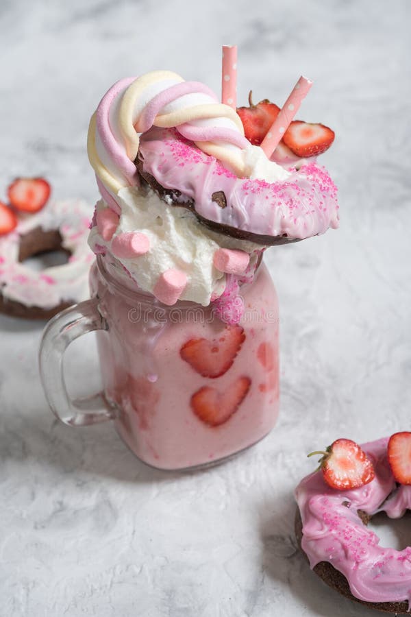 Pink Strawberry Freakshake with Sweets Stock Image - Image of dairy ...