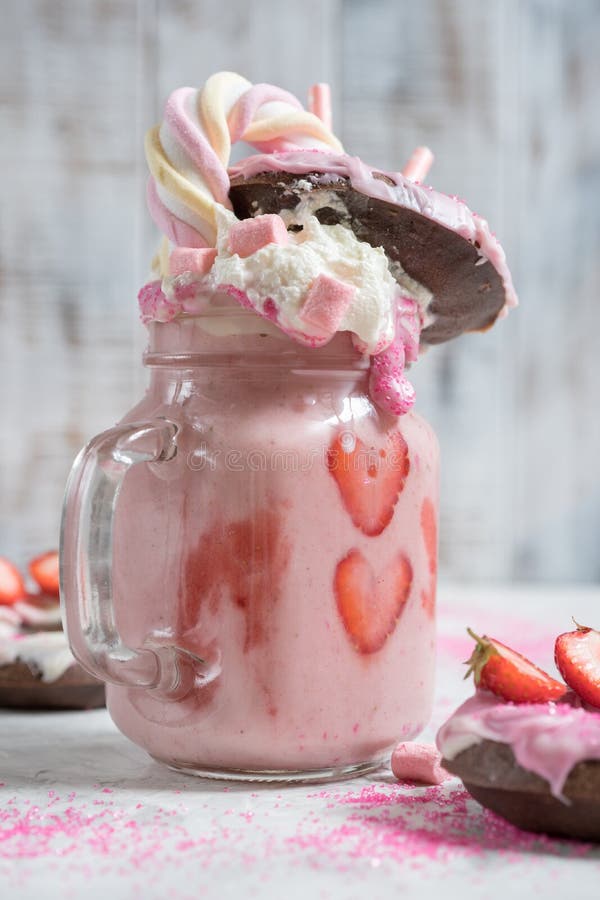 Pink Strawberry Freakshake with Sweets Stock Photo - Image of caramel ...