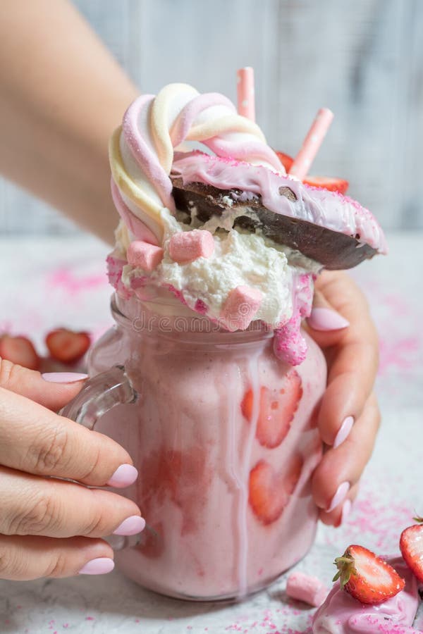Pink Strawberry Freakshake with Sweets Stock Photo - Image of cream ...
