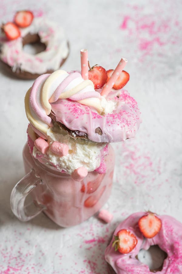 Pink Strawberry Freakshake with Sweets Stock Photo - Image of cream ...