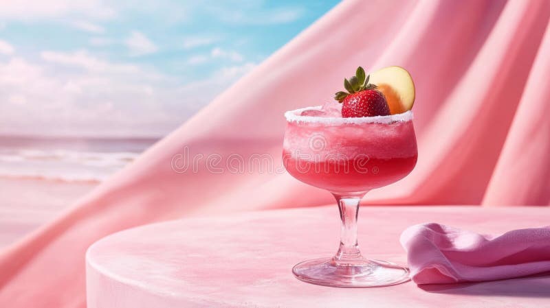 Pink Strawberry Frozen Cocktail on Beach Setting Stock Illustration ...