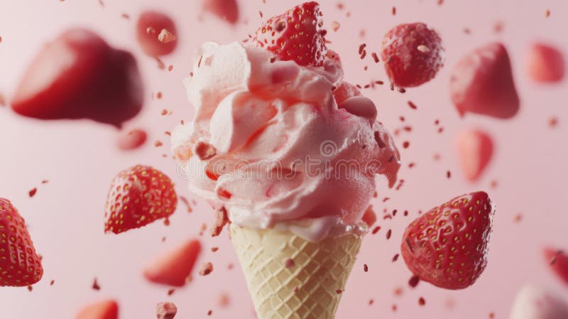 Pink Strawberry Ice Cream Cone with Falling Fruit Stock Illustration ...