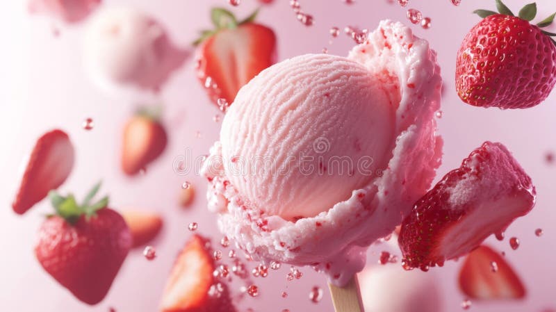 Pink Strawberry Ice Cream Scoop with Falling Fruit Stock Illustration ...