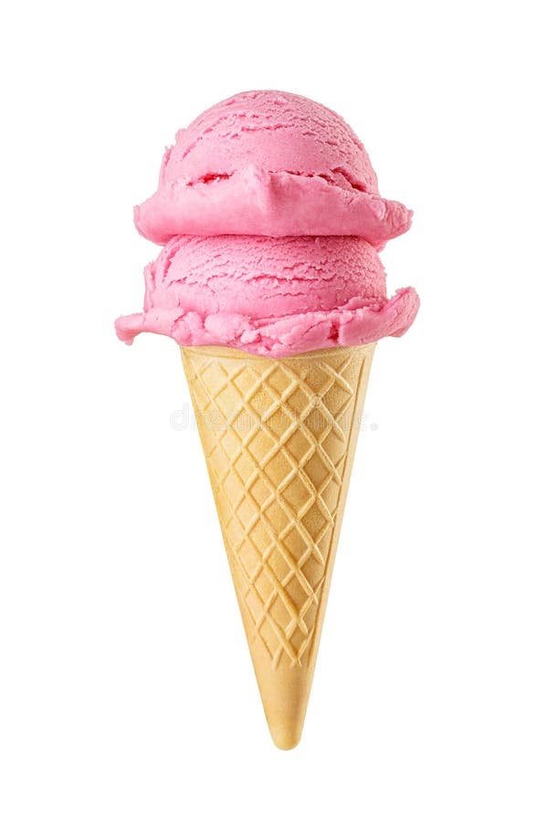 Pink Strawberry Ice Cream Scoops Served On A Waffle Cone Isolated On White Stock Image Image
