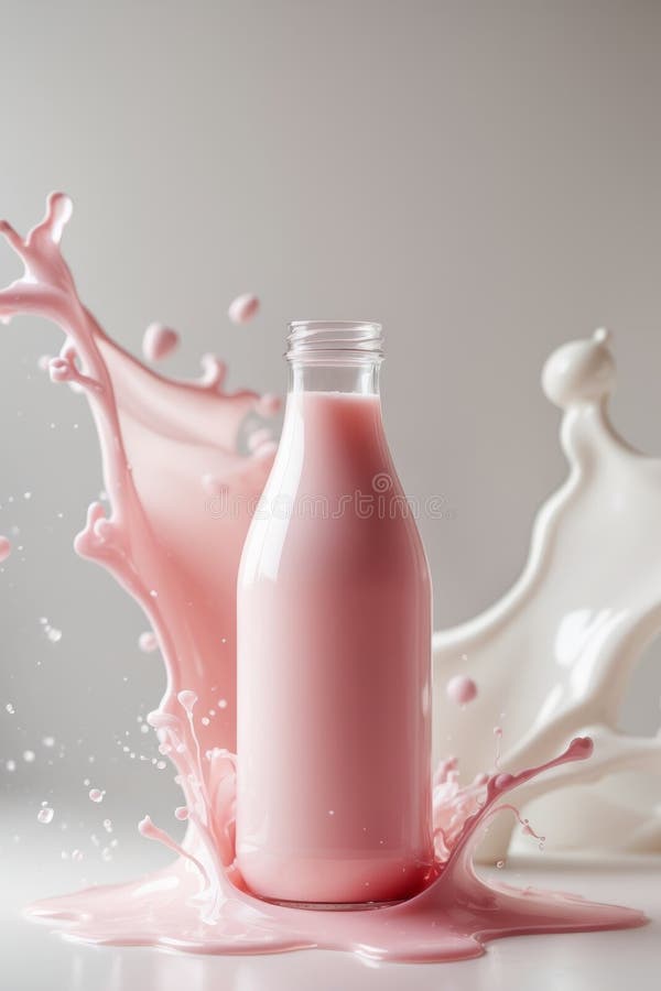 Pink Strawberry Milk Bottle with Splash Background Stock Photo - Image ...