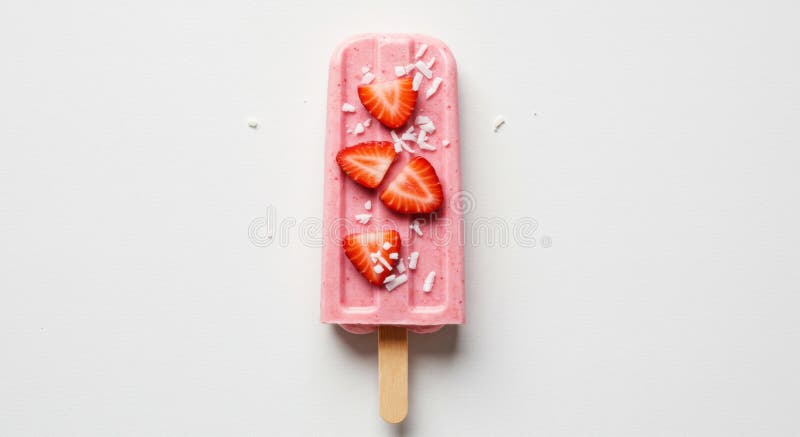 Pink Strawberry Popsicle with Coconut Flakes on White Background Stock ...