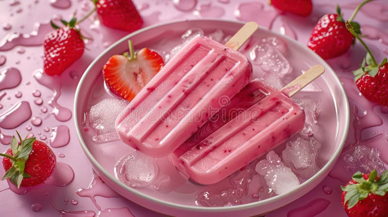 Pink Strawberry Popsicle Ice Cream on Stick. Generative AI Stock Photo ...