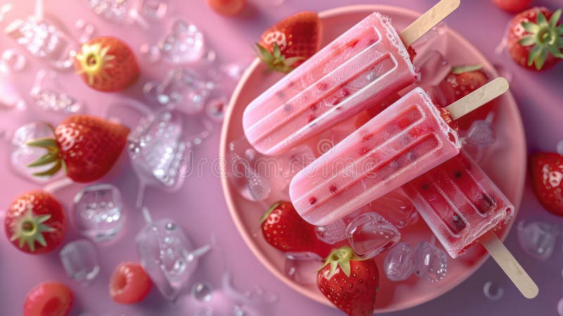Pink Strawberry Popsicle Ice Cream on Stick, Summer Abstract Background ...