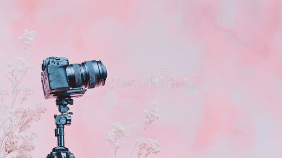 Pink Studio, Camera on Tripod, Filming, Flowers Stock Image - Image of ...