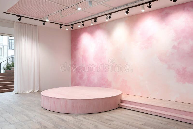 Pink Studio Room Design with Light Rose Platform Display Stock ...