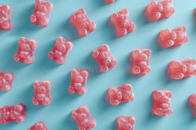 Pink Sugar-coated Gummy Bears Arranged in a Pattern on a Blue ...